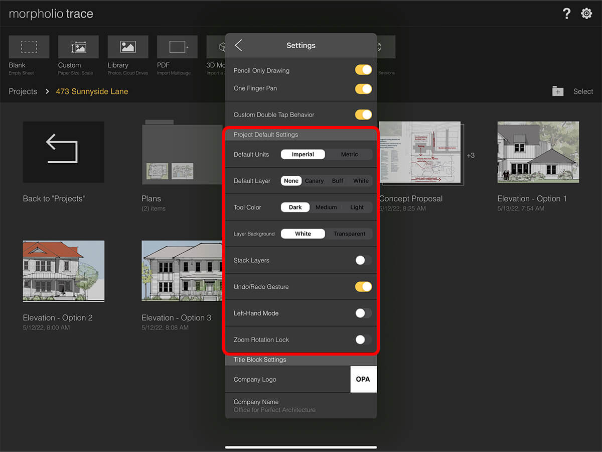 Your Projects: Settings - Morpholio Trace User Guide